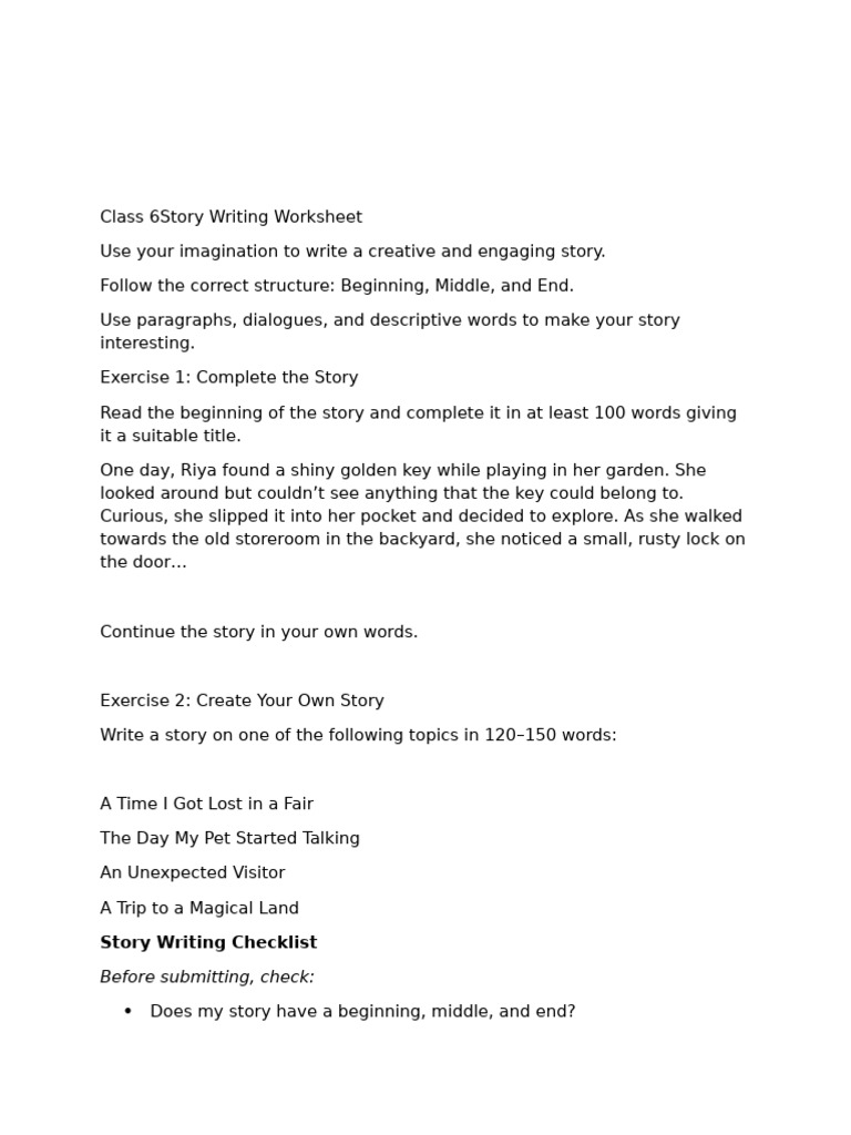 Class 6 Story Writing Worksheet | PDF