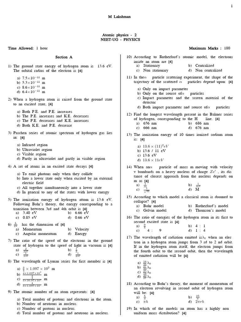 Atomic Physics 2 QP | PDF | Atoms | Electron