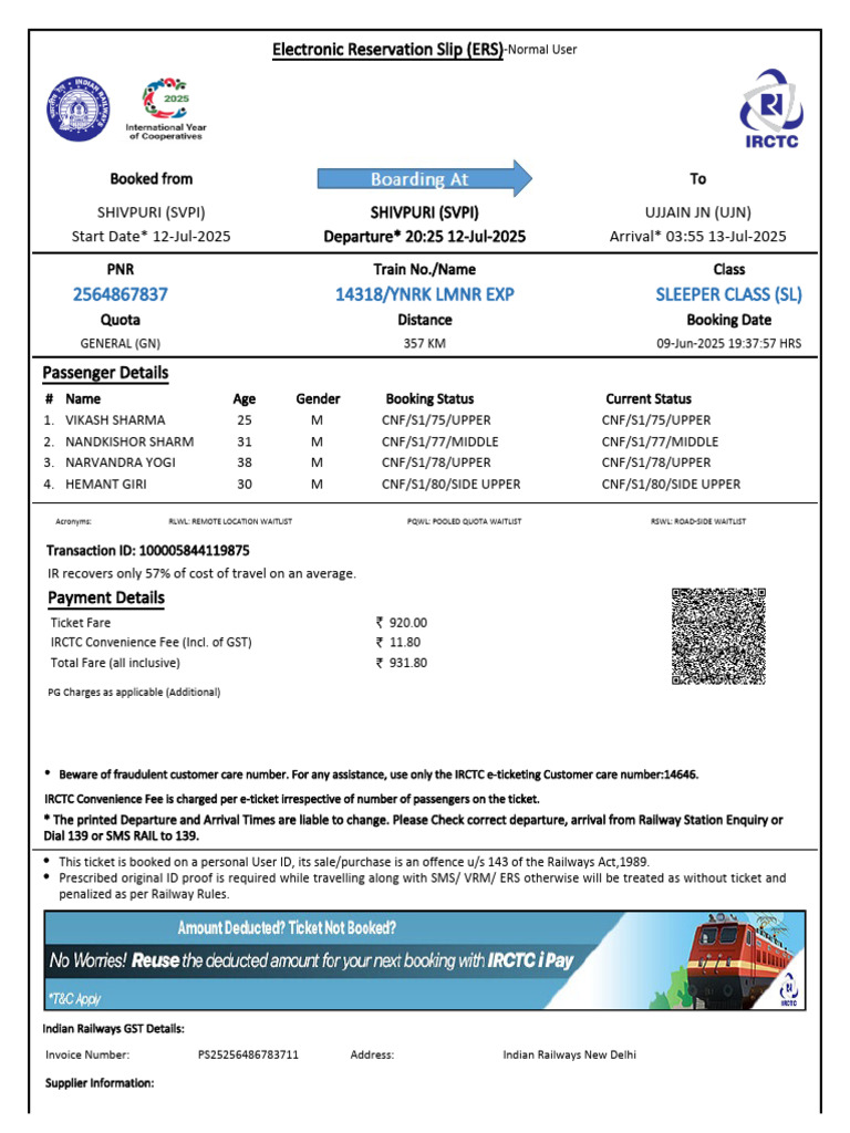 14318/ynrk LMNR Exp Sleeper Class (SL) | PDF | Identity Document | Payments