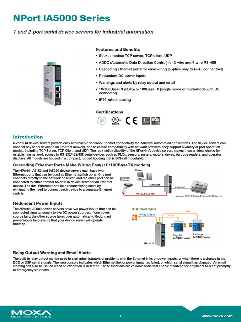 Moxa Nport Ia5000 Series Datasheet v2.4 | PDF | Port (Computer Networking) | Computer Engineering