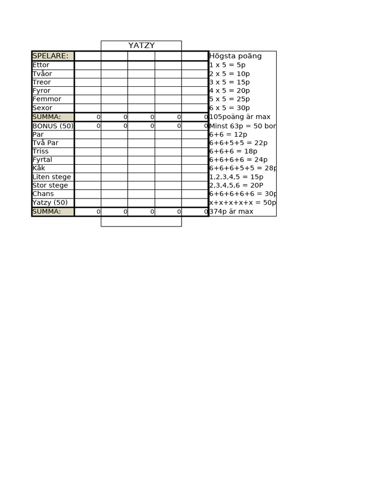 Protokoll Yatzy Excel | PDF