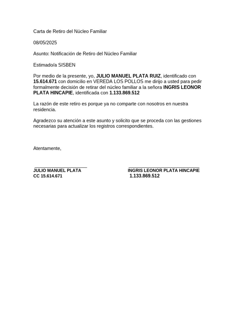 Solicitud de Retiro de Núcleo Familiar | PDF
