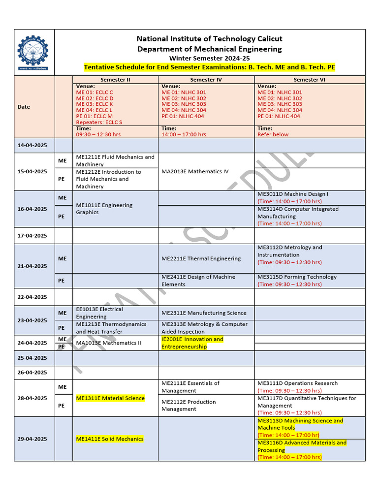 Tentative Schedule Endsem Examinations Winter 2024-25 Rev 1 18032025 ...