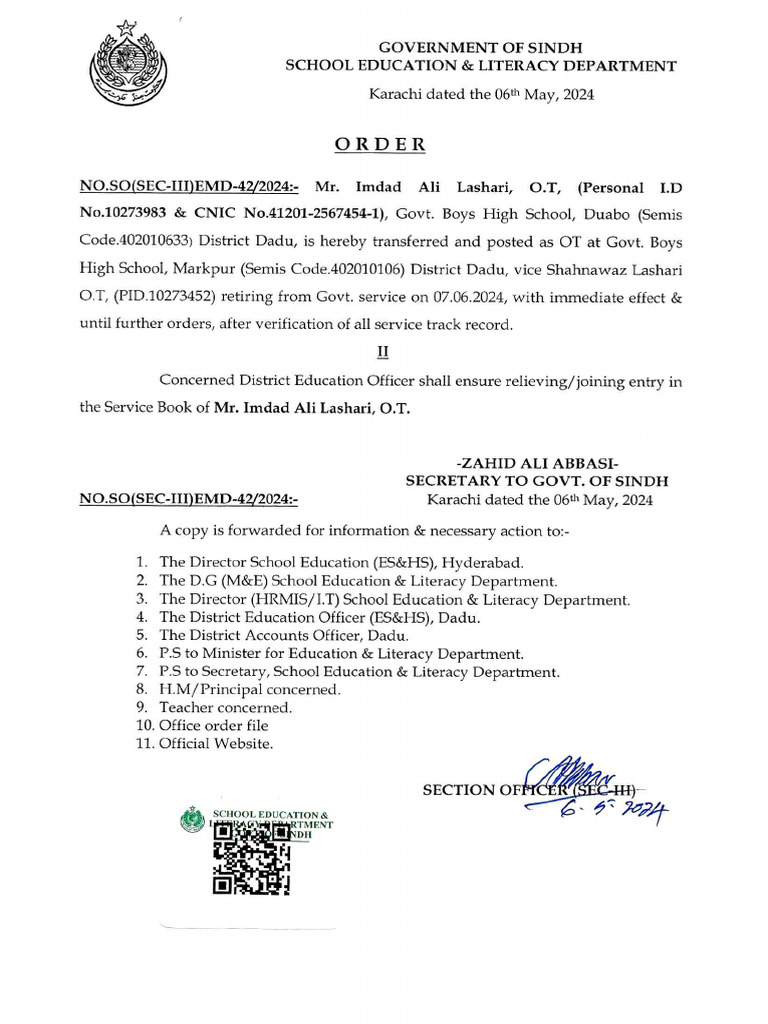 Order For Transfer and Posting in Respect of Mr. Imdad Ali Lashari, OT, PID 10273983 | PDF