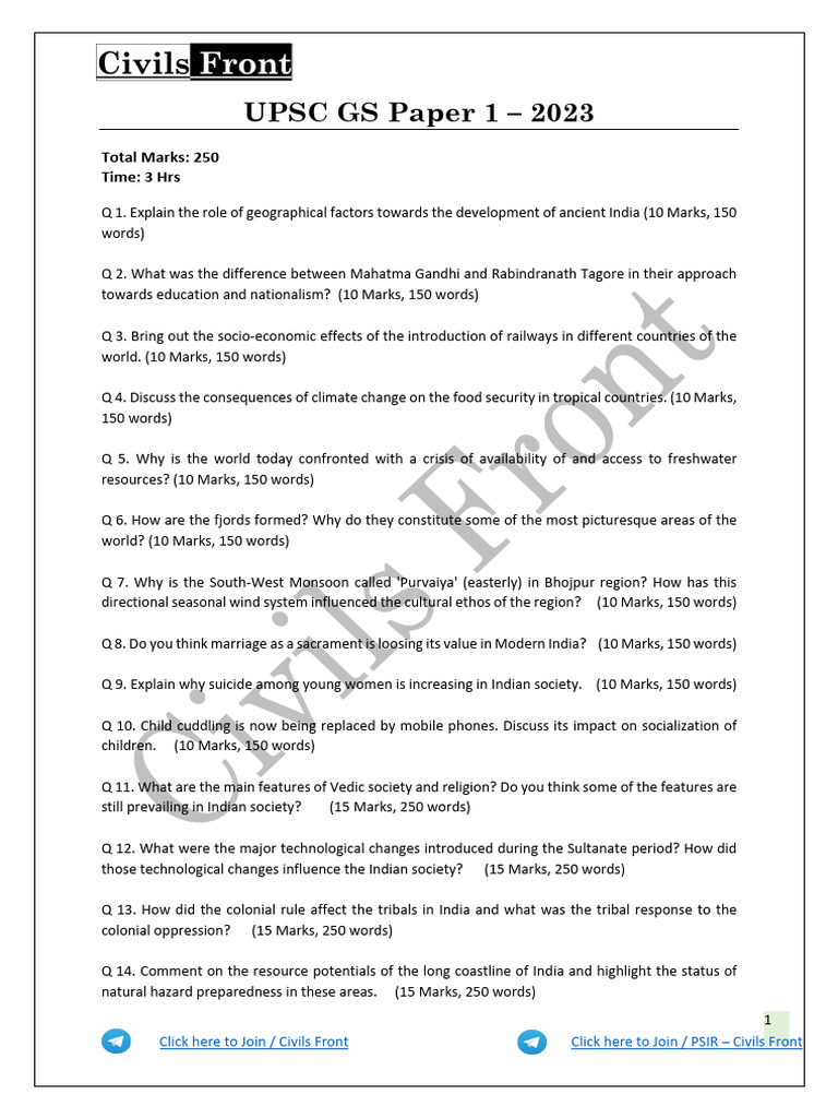 UPSC GS Paper 1 Question Set 2023 | PDF