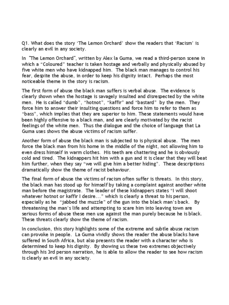 The Lemon Orchard Essay | PDF | Racism | Discrimination & Race Relations