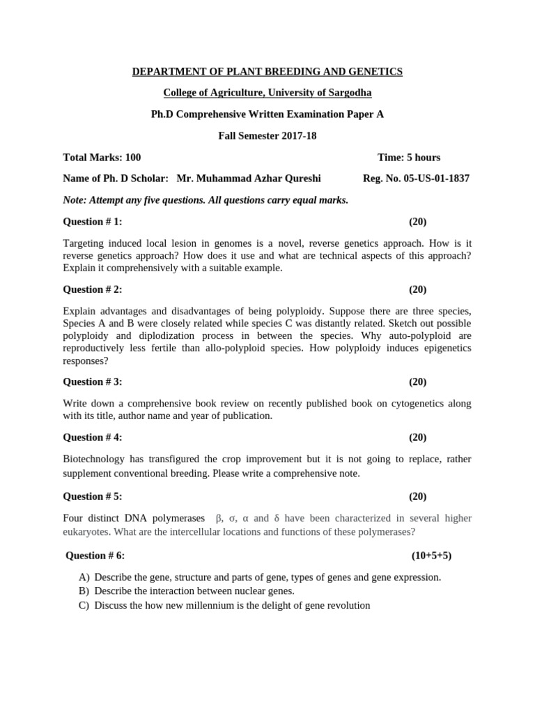 PhD Plant Breeding Exam Questions 2017-18 | PDF | Plant Breeding | Gene