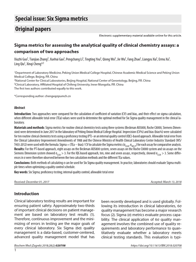Sigma Metrics For Assessing The Analytical Quality of Clinical ...