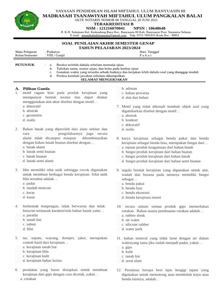 Lembaran Soal Asesmen Sumatif Semester Genap 2024 | PDF