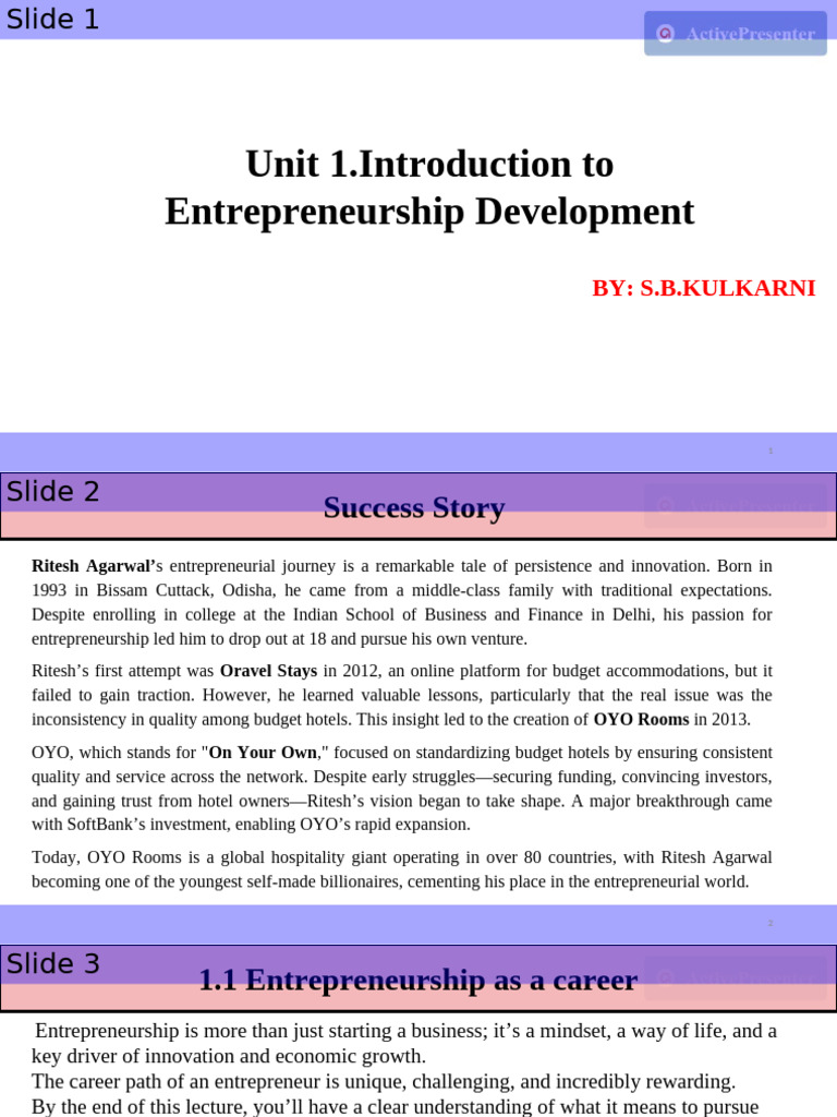 Unit 1 Introduction To Entrepreneurship Development | PDF ...