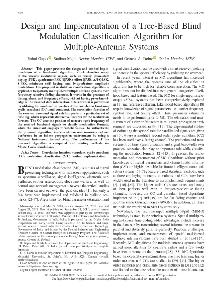 Design And Implementation Of A Tree Based Blind Modulation Classification Algorithm For Multiple