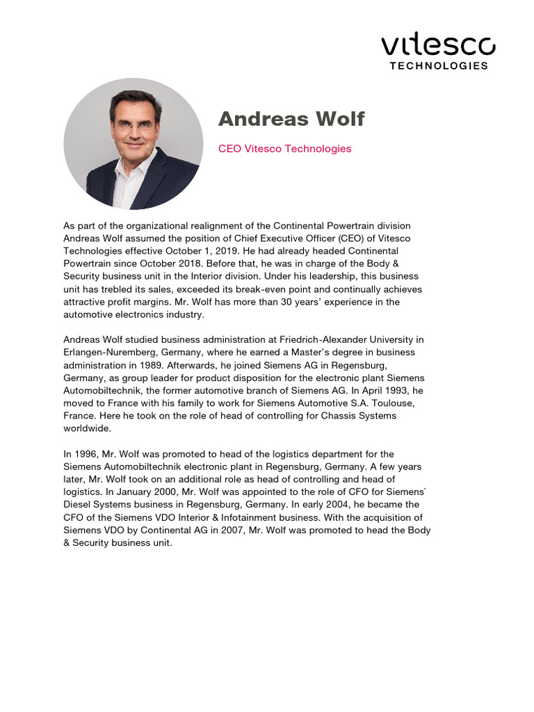 Andreas Wolf: CEO of Vitesco Technologies | PDF