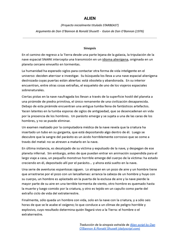 Ejemplo de Sinopsis - Alien | PDF