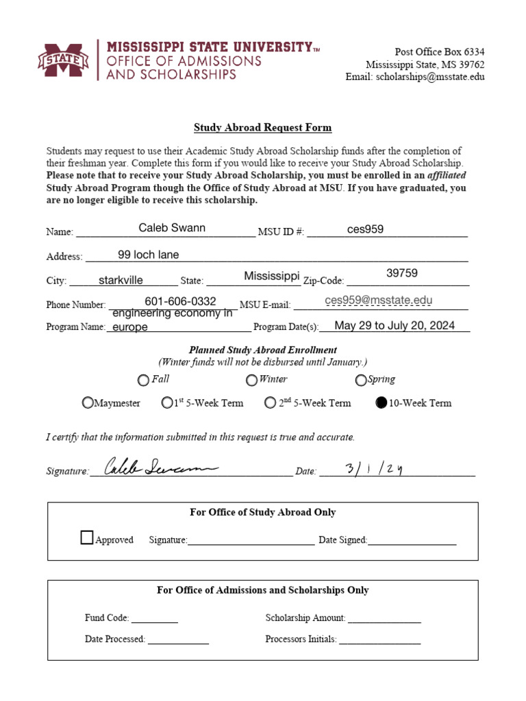 Study Abroad Scholarship Request Form | PDF