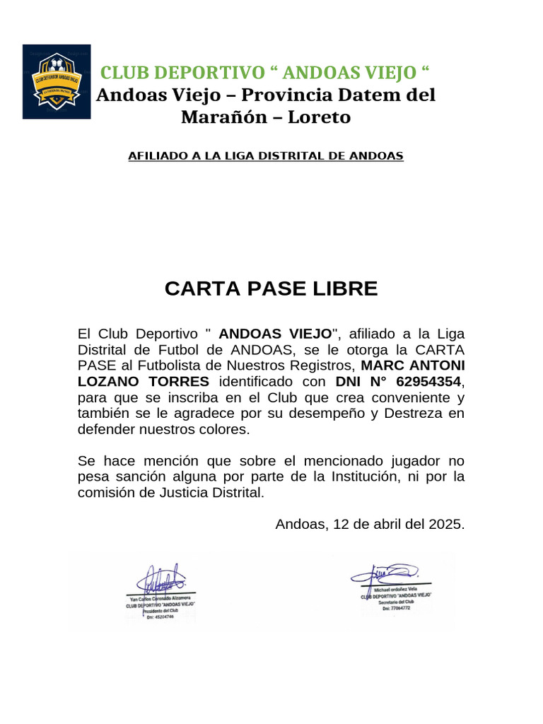Carta Pase Marc Antoni | PDF