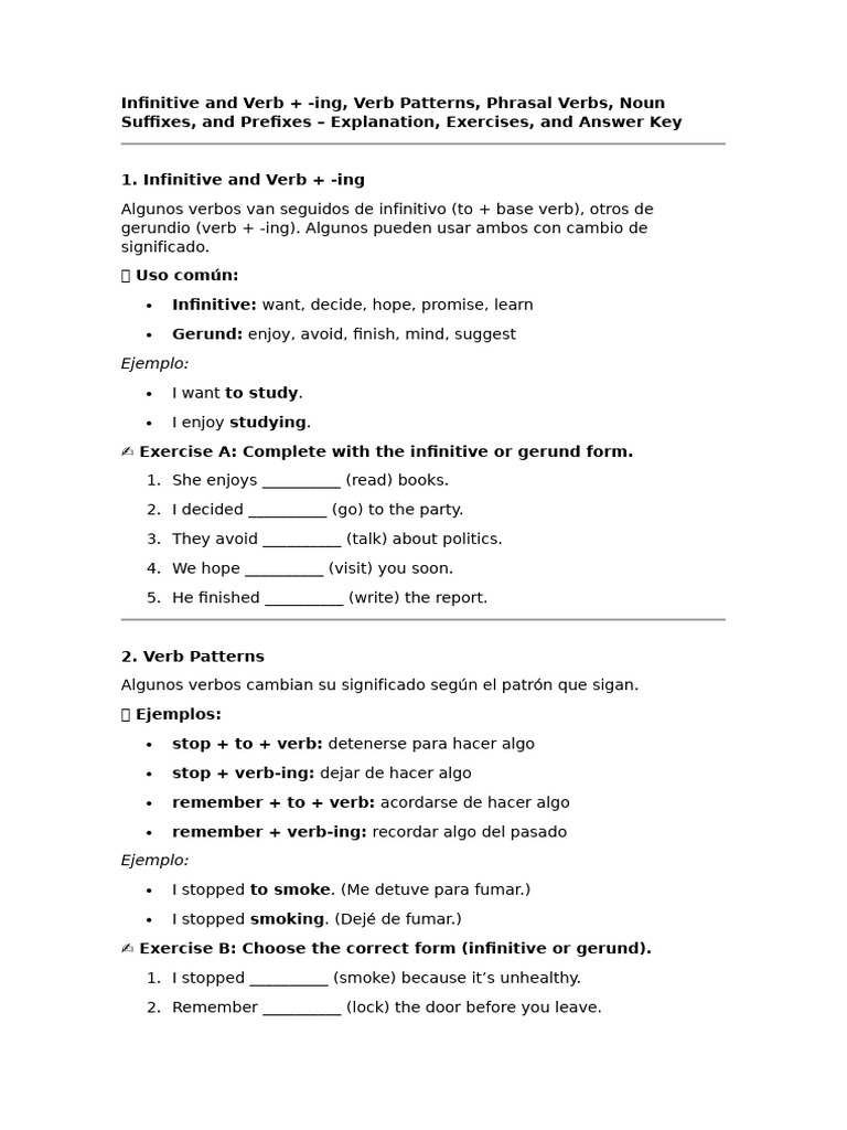 Verb Patterns, Phrasal Verbs, Noun Suffixes, and Prefixes | PDF | Verb ...