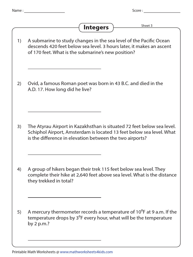 Integers Addition-Subtraction Integers-Wordproblem3 | PDF | Sea Level ...