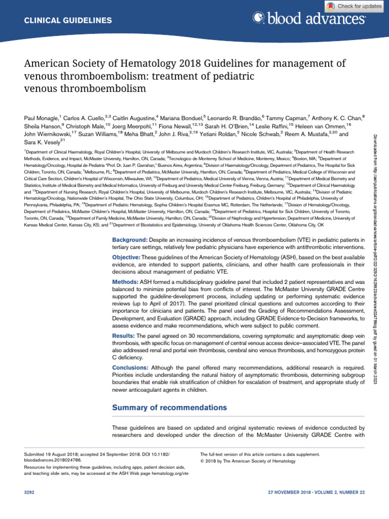 Guidelines For Management of Venous Thromboembolismtreatment of Pediatric Venous Thromboembolism ...