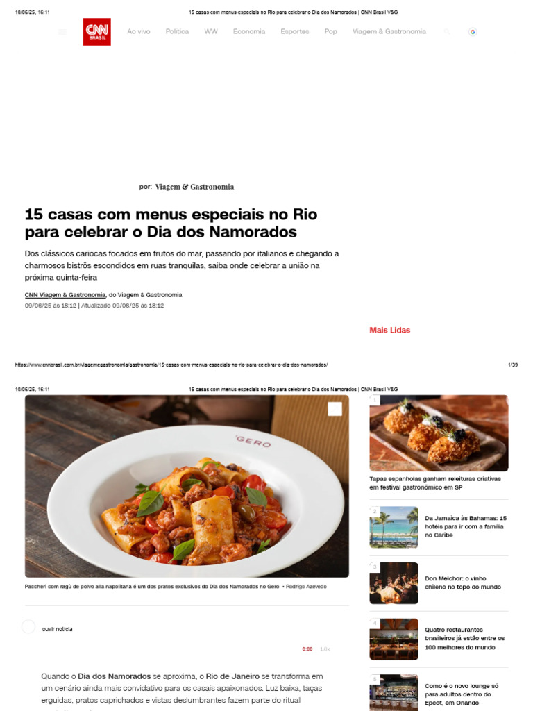 15 Casas Com Menus Especiais No Rio para Celebrar o Dia Dos Namorados - CNN Brasil V&G | PDF ...