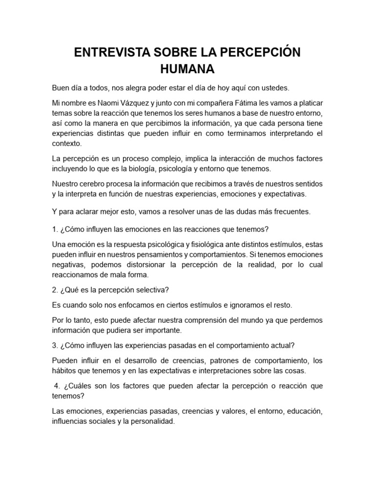 Entrevista Sobre La Percepción Humana | PDF | Percepción | Las emociones