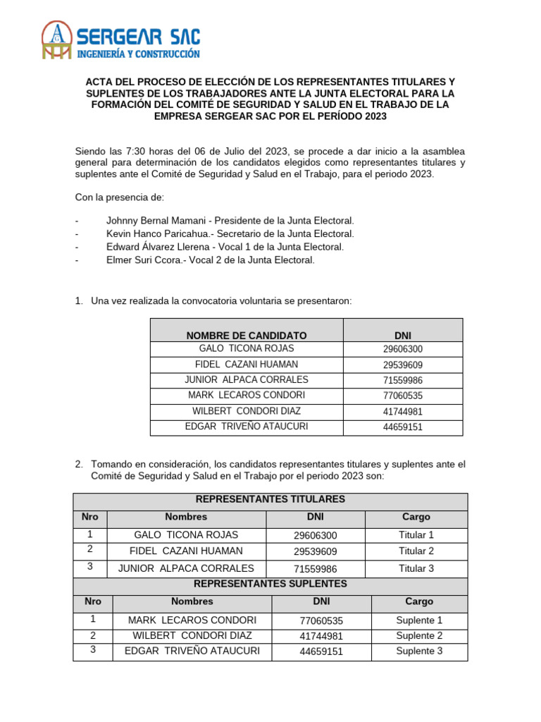Acta de Proceso de Elección Del CSST OT - 777 | PDF | Elecciones | Gobierno