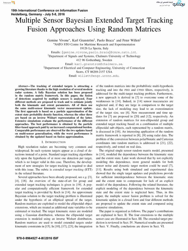 2016 Multiple Sensor Bayesian Extended Target Tracking Pdf Matrix