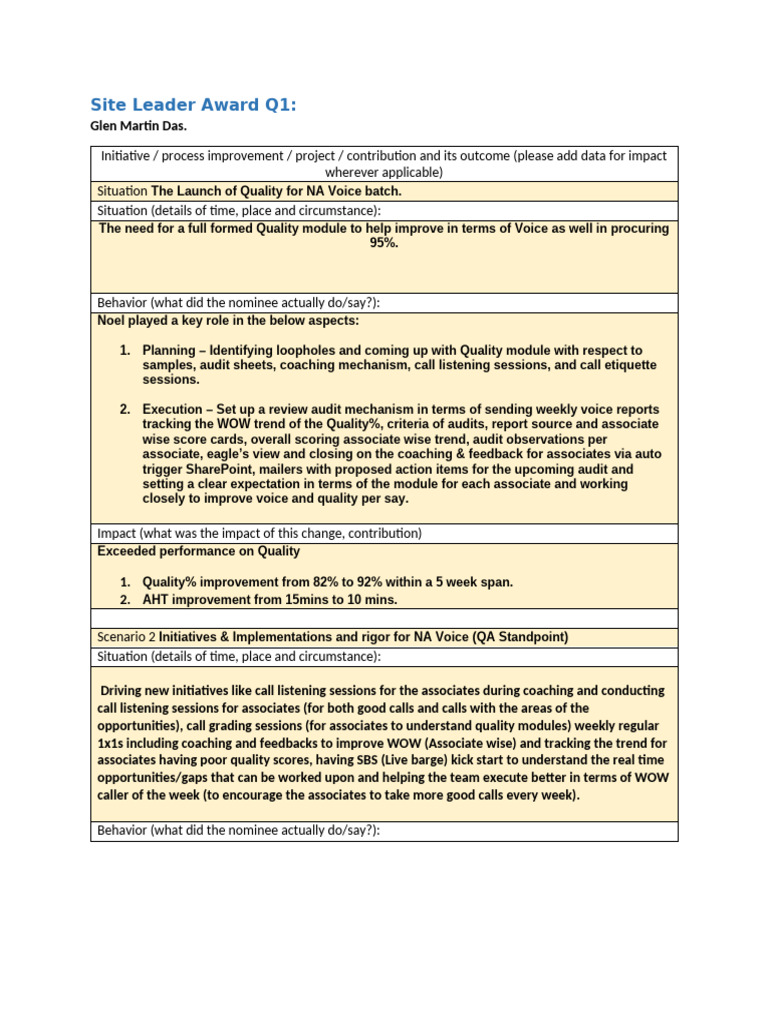 Q1 Site Leader Award: Quality Improvements | PDF | Social Psychology