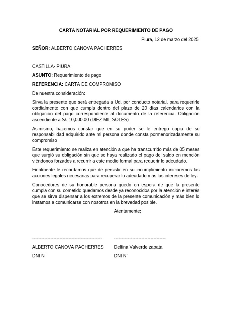 Carta Notarial Por Requerimiento de Pago | PDF
