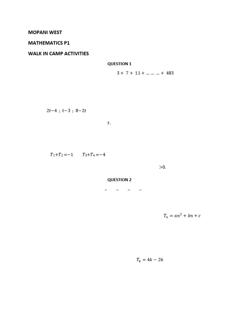 Mathematics p1 MST Walk in Camp August 2024 Activities | PDF | Numbers ...