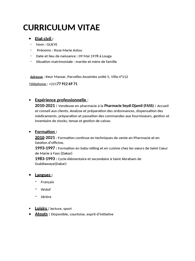 CV de Rose Marie Astou Gueye | PDF