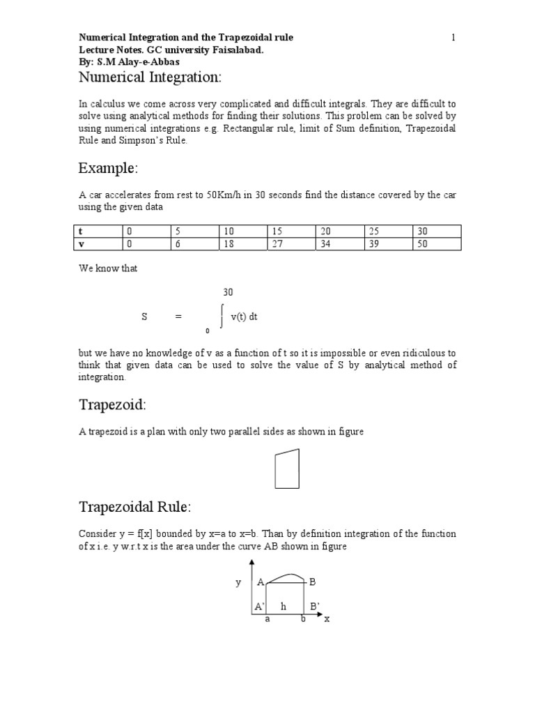 Trapezoidal Rule Notes | PDF | Integral | Mathematical Concepts