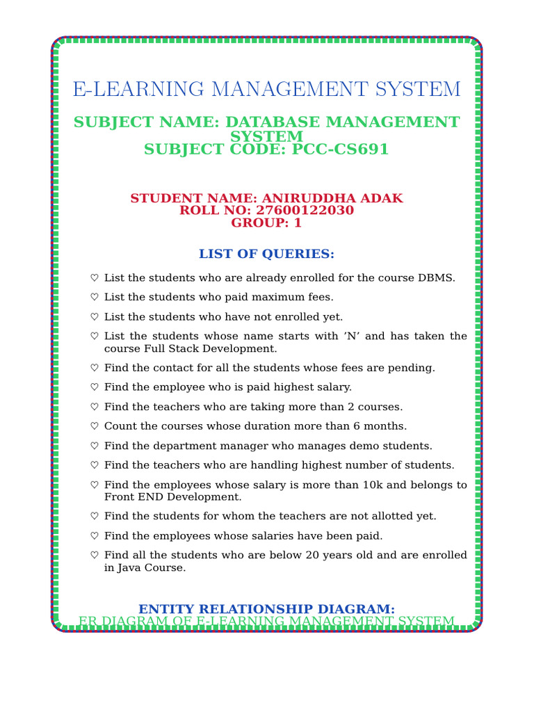 BEST of E-LEARNING MANAGEMENT SYSTEM SUBJECT NAME: DATABASE MANAGEMENT SYSTEM SUBJECT CODE: PCC ...