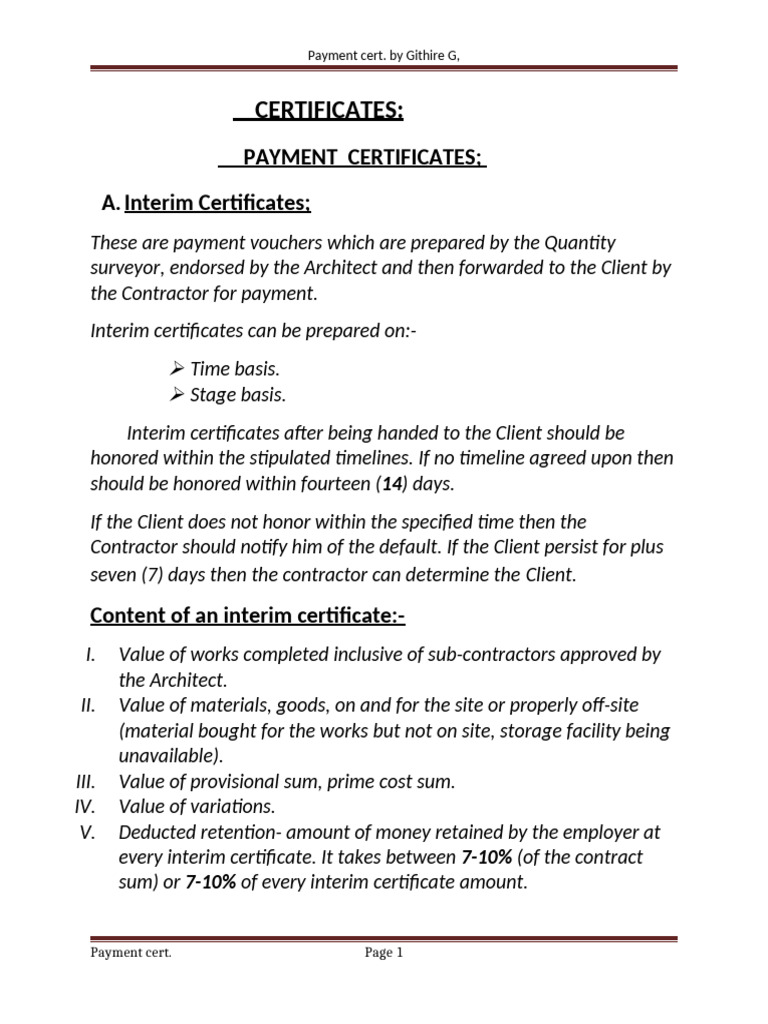 Payment Certificates | PDF | Architect | Private Law