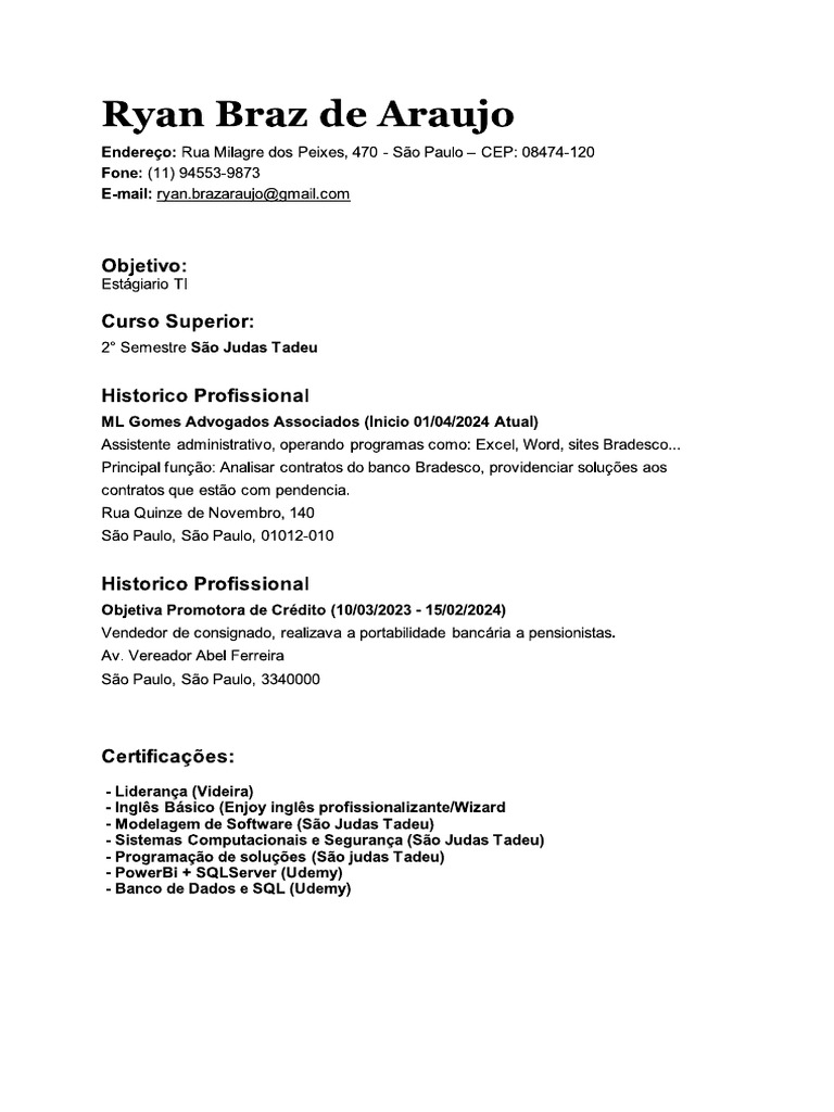 Curriculo Ryan Braz Atualizado 2025 | PDF