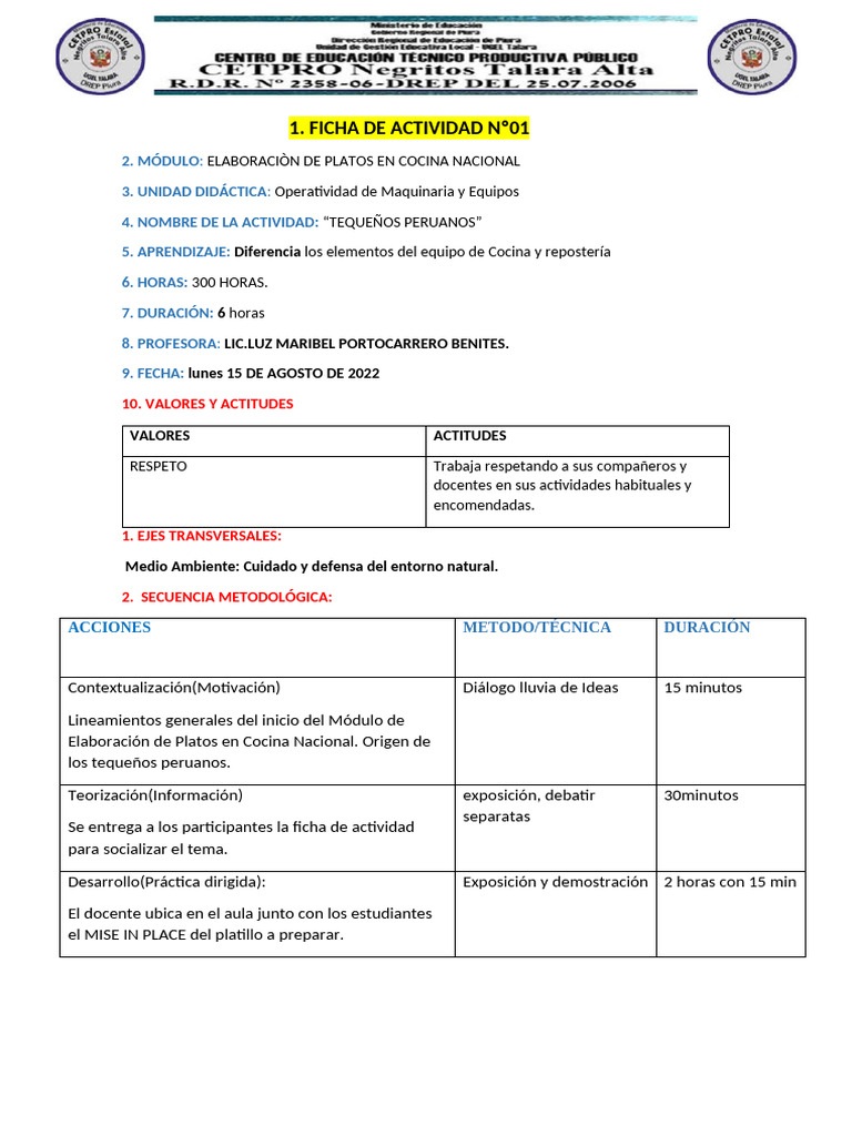 Ficha de Acti-Nro 1-Mod-Coc-Nacional Cnta-Prof-Luz Maribel - 2022 | PDF | Alimentos | Cocinando