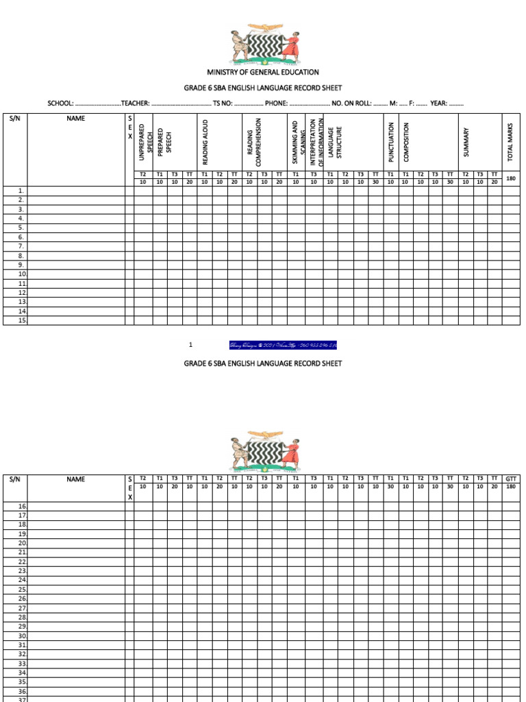 Grade 6 English Language Record Sheet | PDF