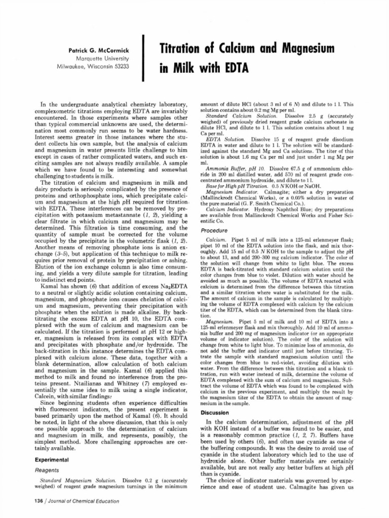 Titration of Calcium and Magnesium in Milk With EDTA | PDF | Titration ...