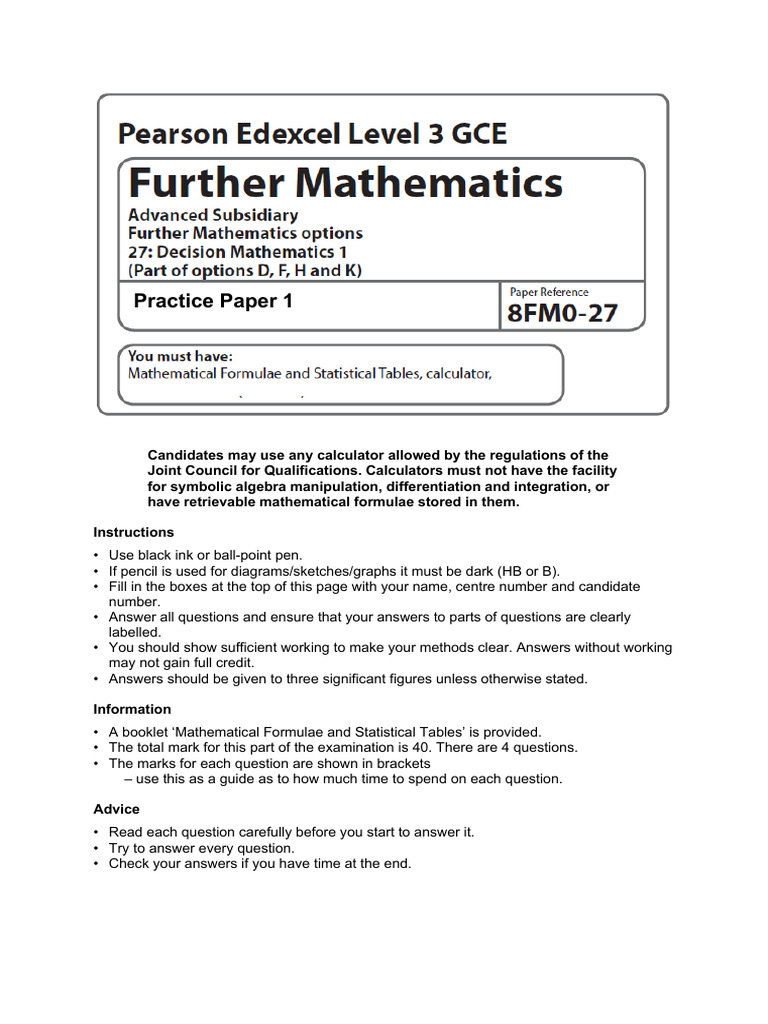 AS Decision Mathematics 1 - Practice Paper 1 | PDF | Mathematics ...