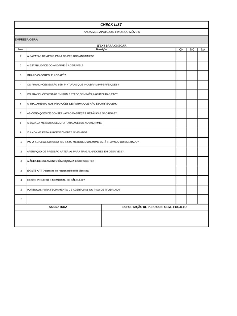 Check List Andaime Atualizado Conforme LTR | PDF