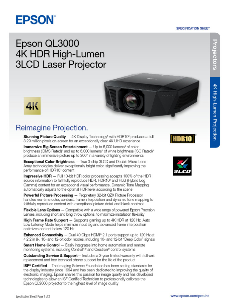 Epson QL3000 4K HDR Projector Specs | PDF | Zoom Lens | Camera Lens
