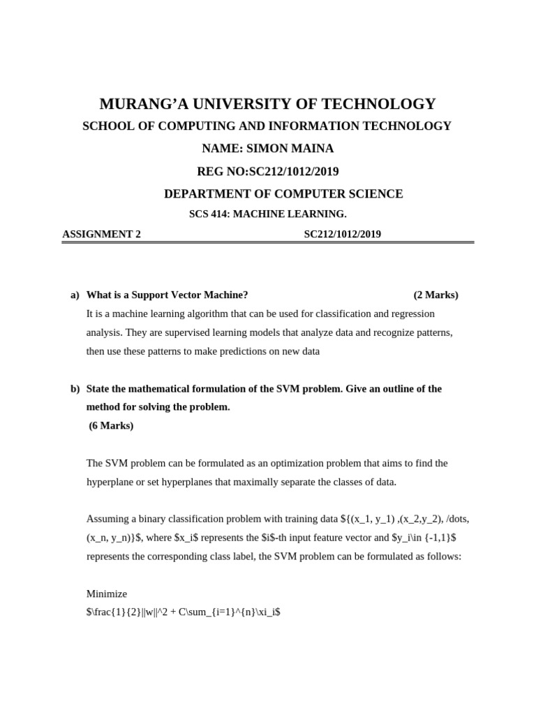 Scs 414 Machine Learning Assignment 2 Sc212-1012-2019 | PDF | Support Vector Machine ...
