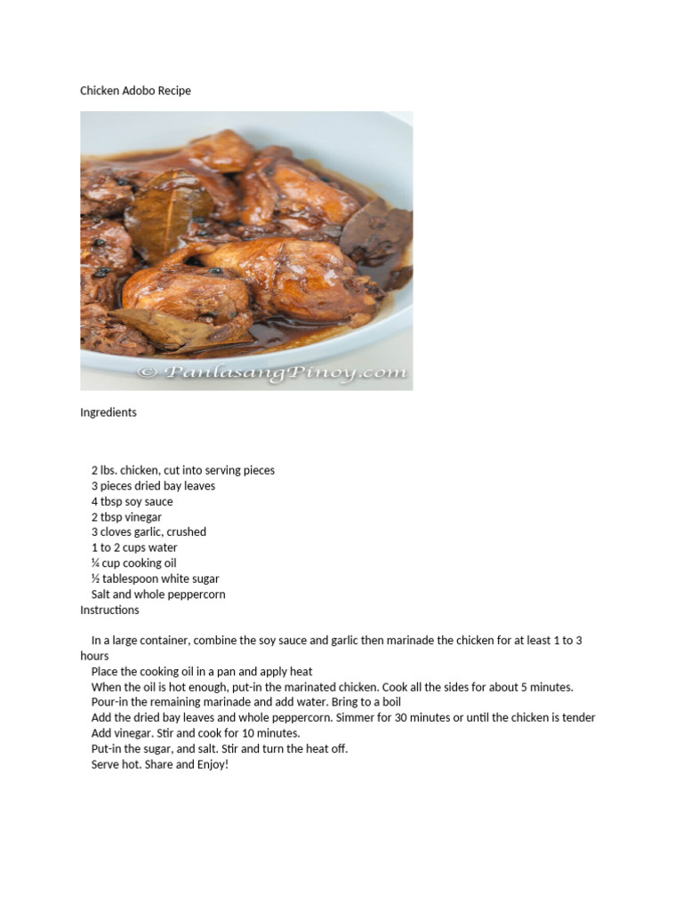 Easy Chicken Adobo Recipe Guide | PDF