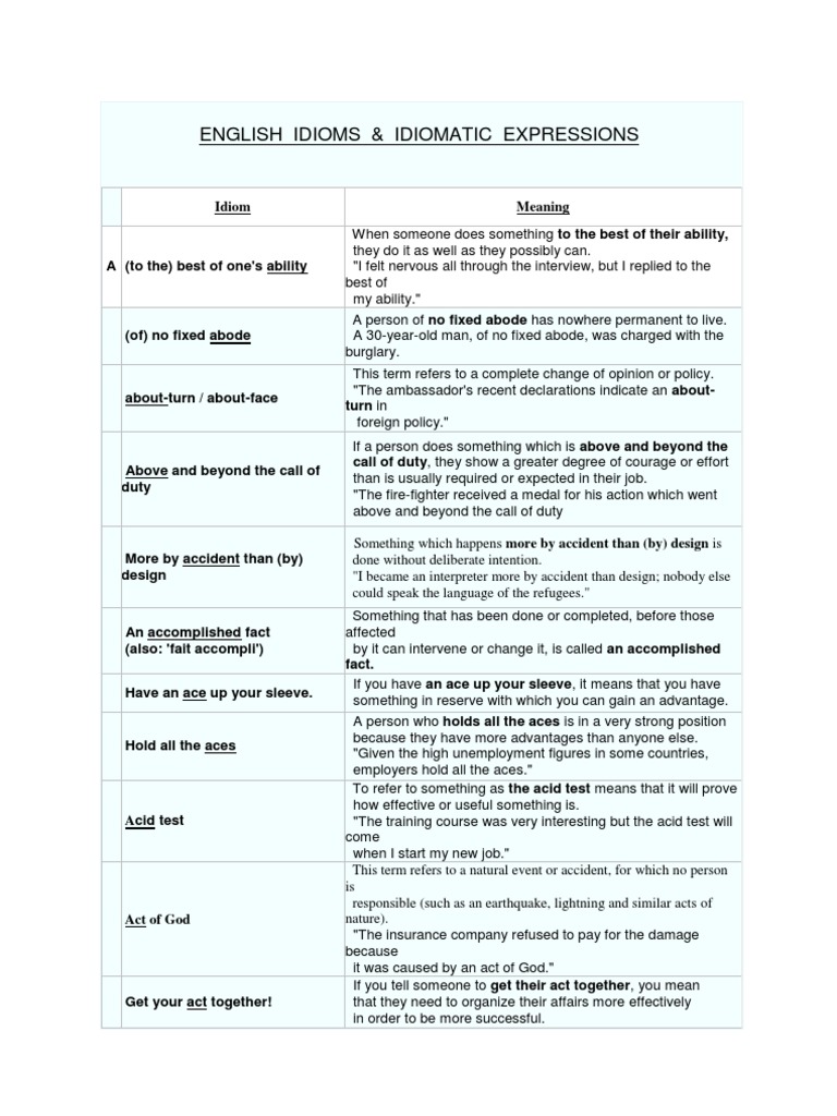 English Idioms and Their Meanings | PDF | Idiom
