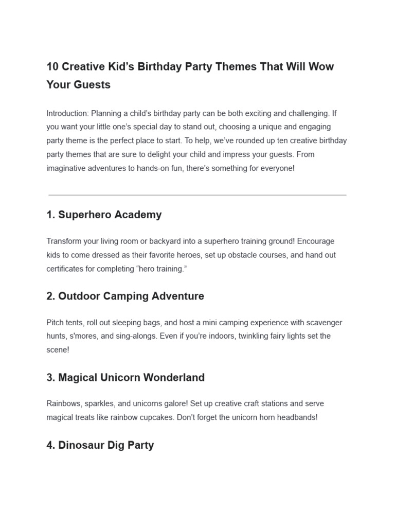 10 Creative Kid's Birthday Party Themes That Will Wow Your Guests | PDF