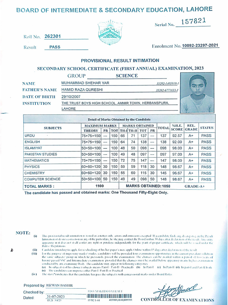 Result Card Matric | PDF