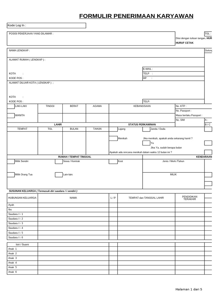 2 - Form Penerimaan Karyawan (5 LBR) - 1 | PDF