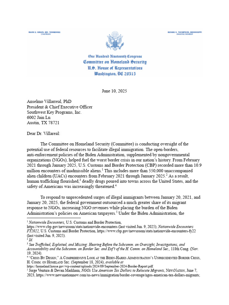 2025-06-10 Green Brecheen To Villareal (Southwest Keys) Re Federal ...