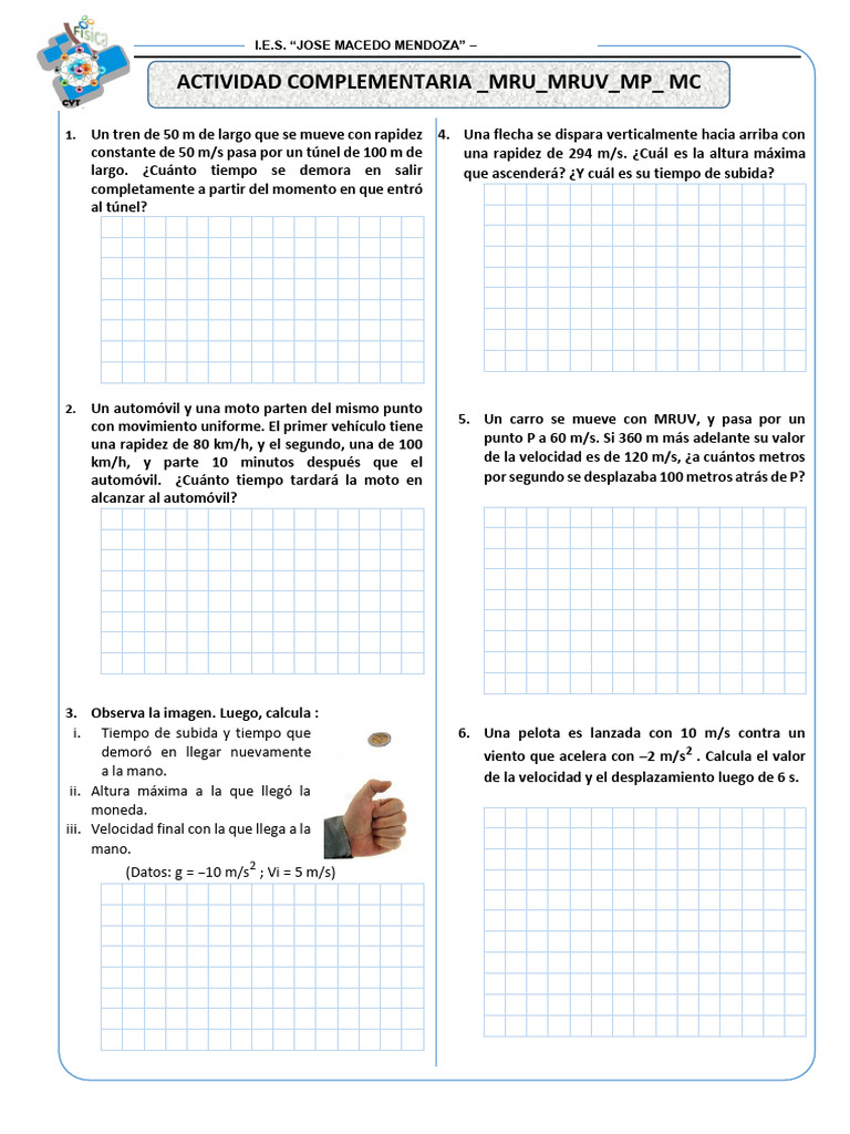 Ejercicios Complementario - Mru - Mruv - MP - MC-1-2 | PDF | Velocidad | Movimiento (física)