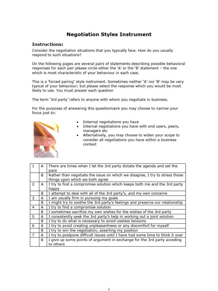 C6W2 Pnegotiation Styles Instrument | PDF | Negotiation | Cognition