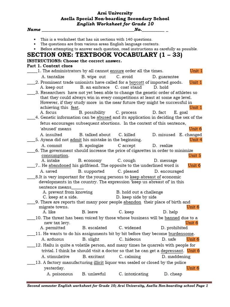 English W-Grade 10 - 2nd Sem Worksheet | PDF | Vocabulary | Linguistics